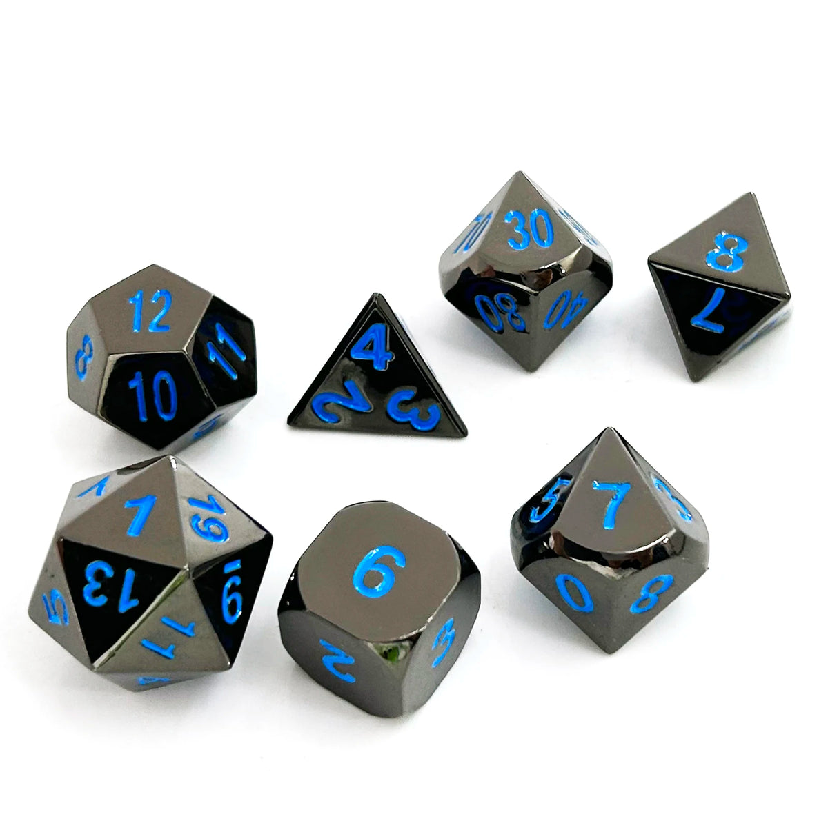 7 Piece Metal DND Dice Set Black/Blue – Totara Hobbies Limited